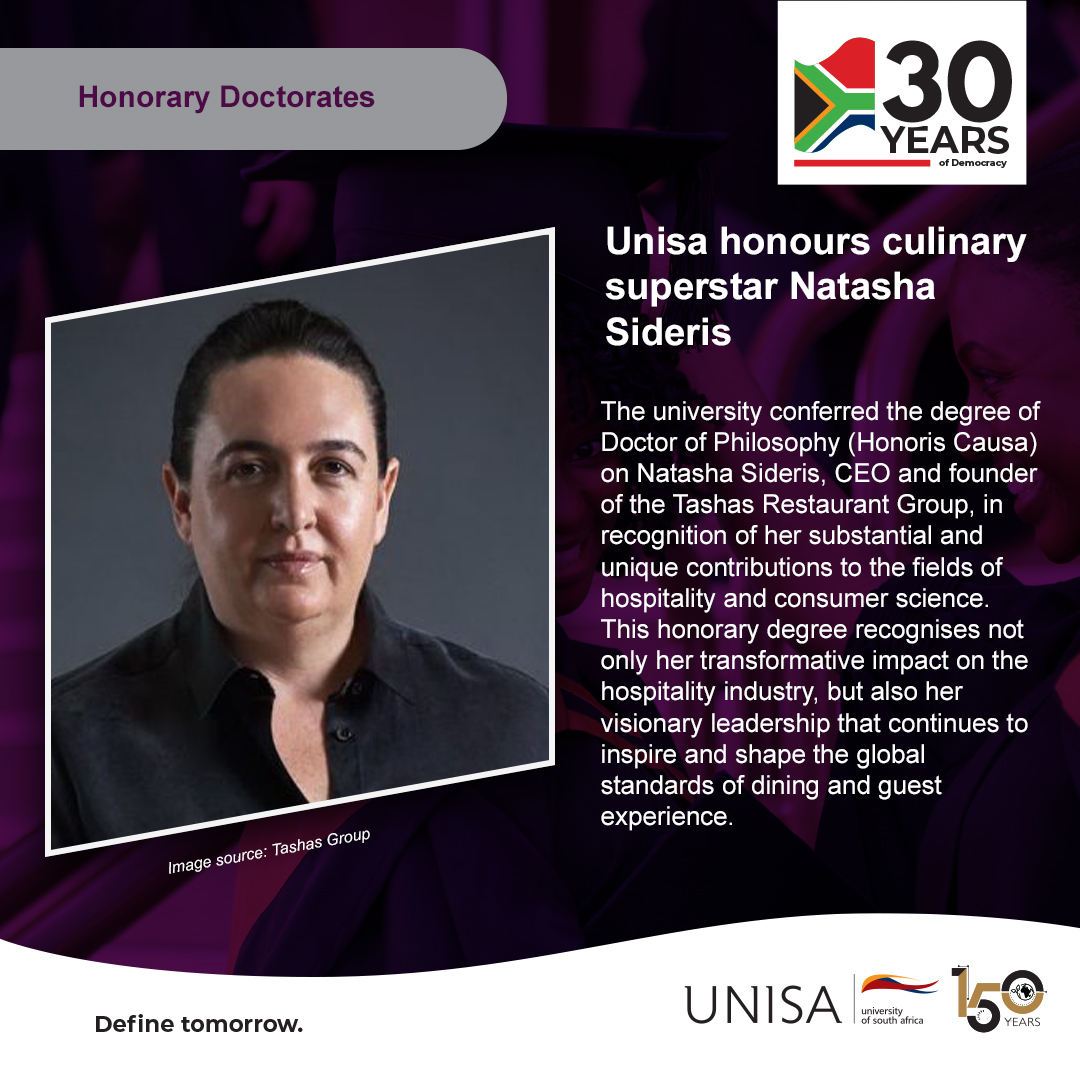 Unisa has conferred an honorary doctorate on successful business mogul and entrepreneur, Natasha ...